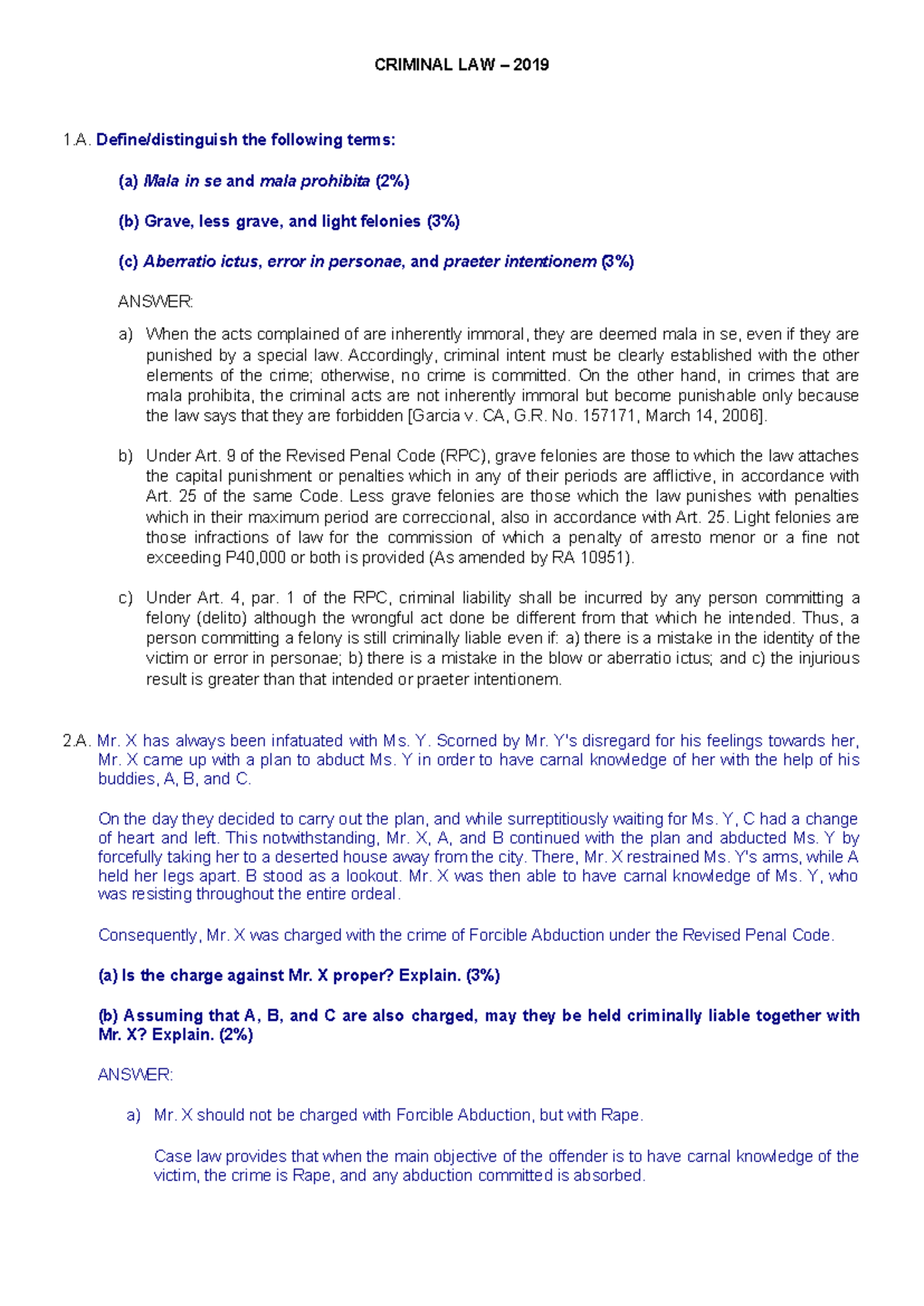 Criminal Law 2019 - BAR Questions & Suggested Answers - Studocu