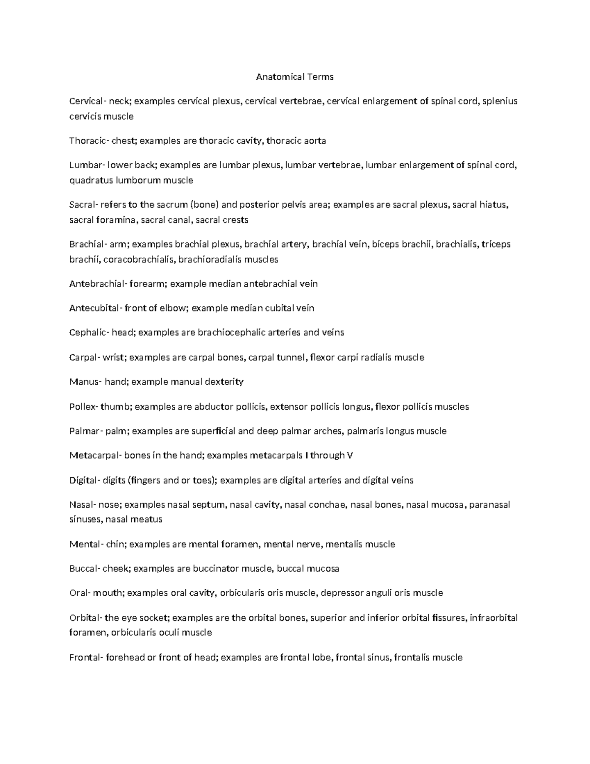 Anatomical Terms Study Guide: Key Examples and Definitions - Studocu