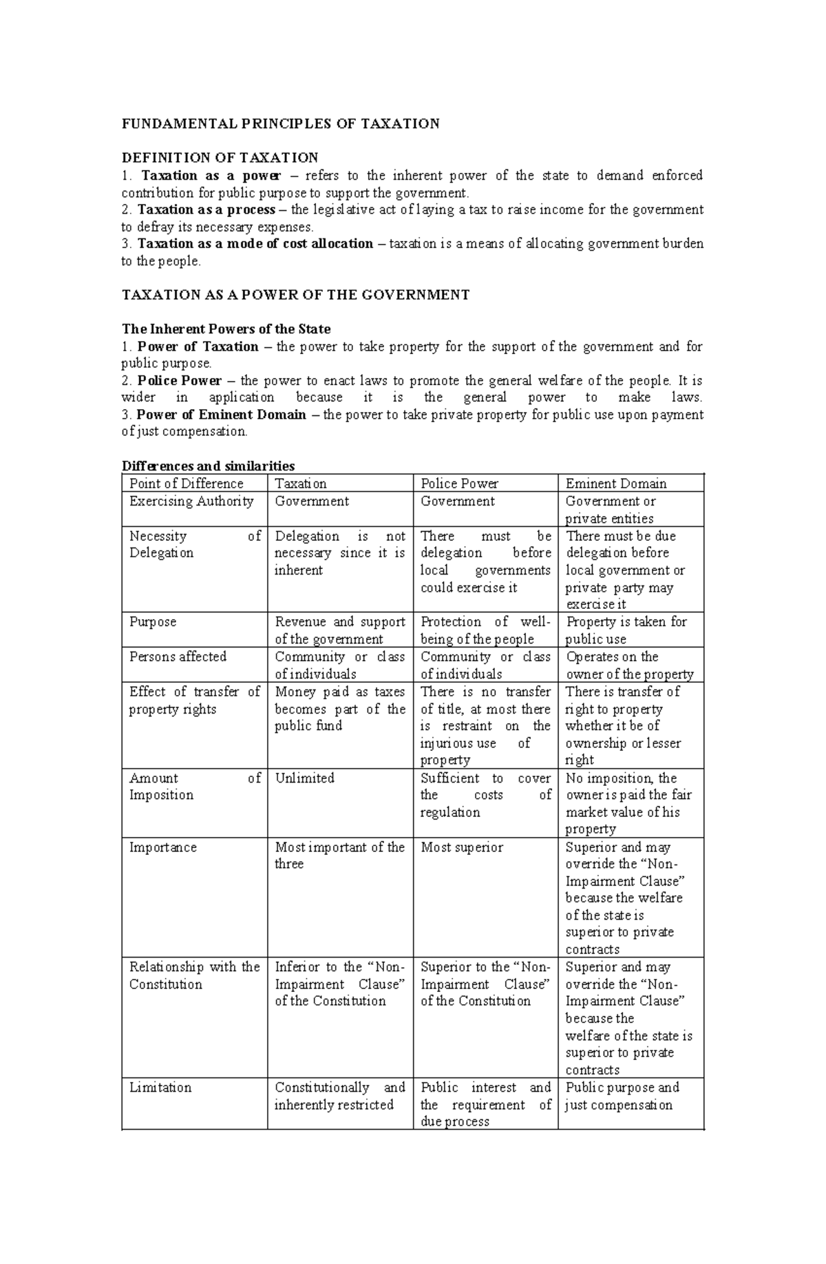 FUNDAMENTAL PRINCIPLES OF TAXATION: LECTURE NOTES (Handout 1) - Studocu