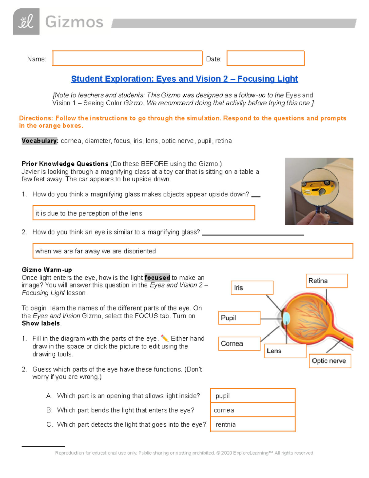 Student Exploration: Eyes & Vision 2 - Focusing Light Gizmo Activity ...