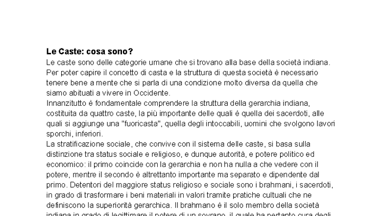 Le Caste: Struttura e Gerarchia Sociale nella Società Indù - Studocu