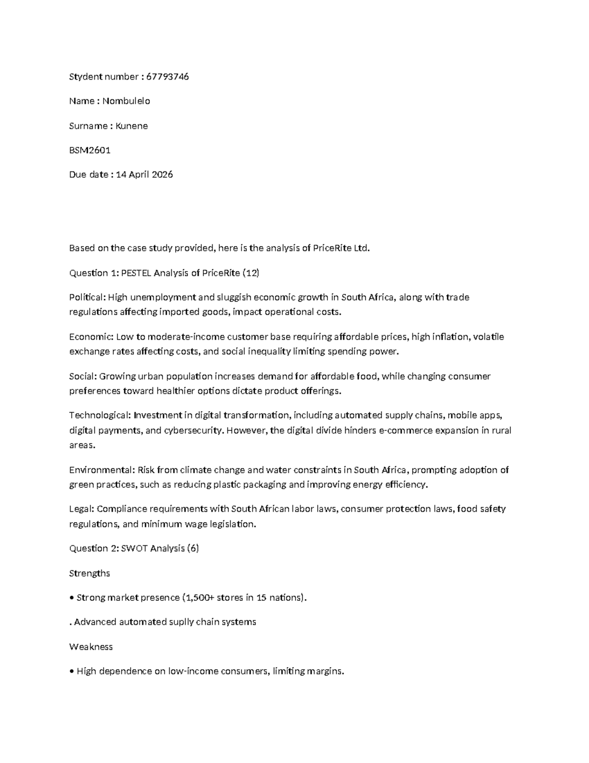 BSM2601 Ass 2 - Case Study Analysis of PriceRite Ltd. - Studocu