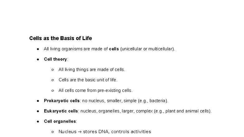 Bio - StudyCo - Module 1: Cells as the Basis of Life Notes - Studocu