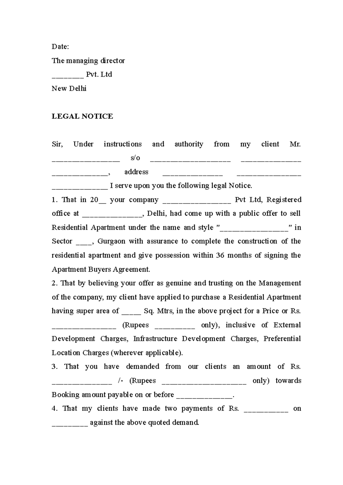 Legal Notice - Format for Specific Performance of Contract - Studocu