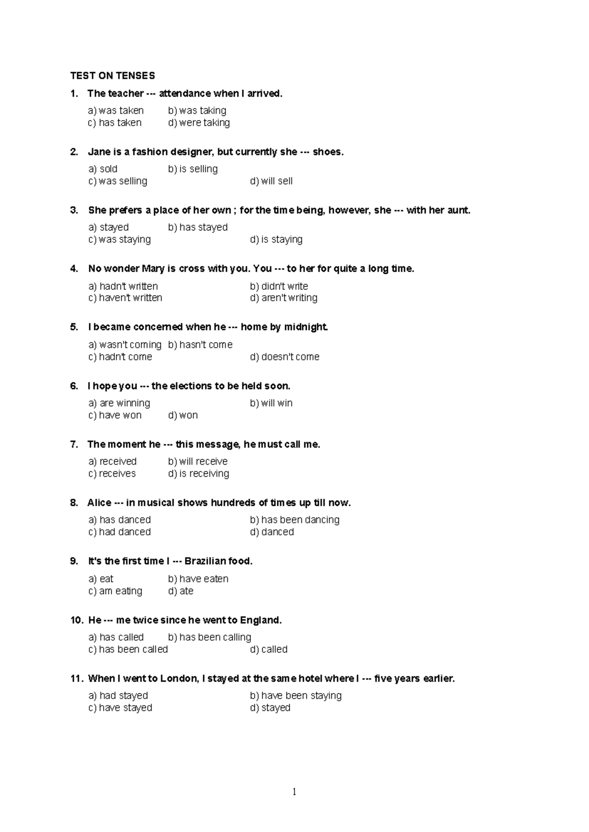 TEST ON TENSES - Practice Questions and Answers - Studocu