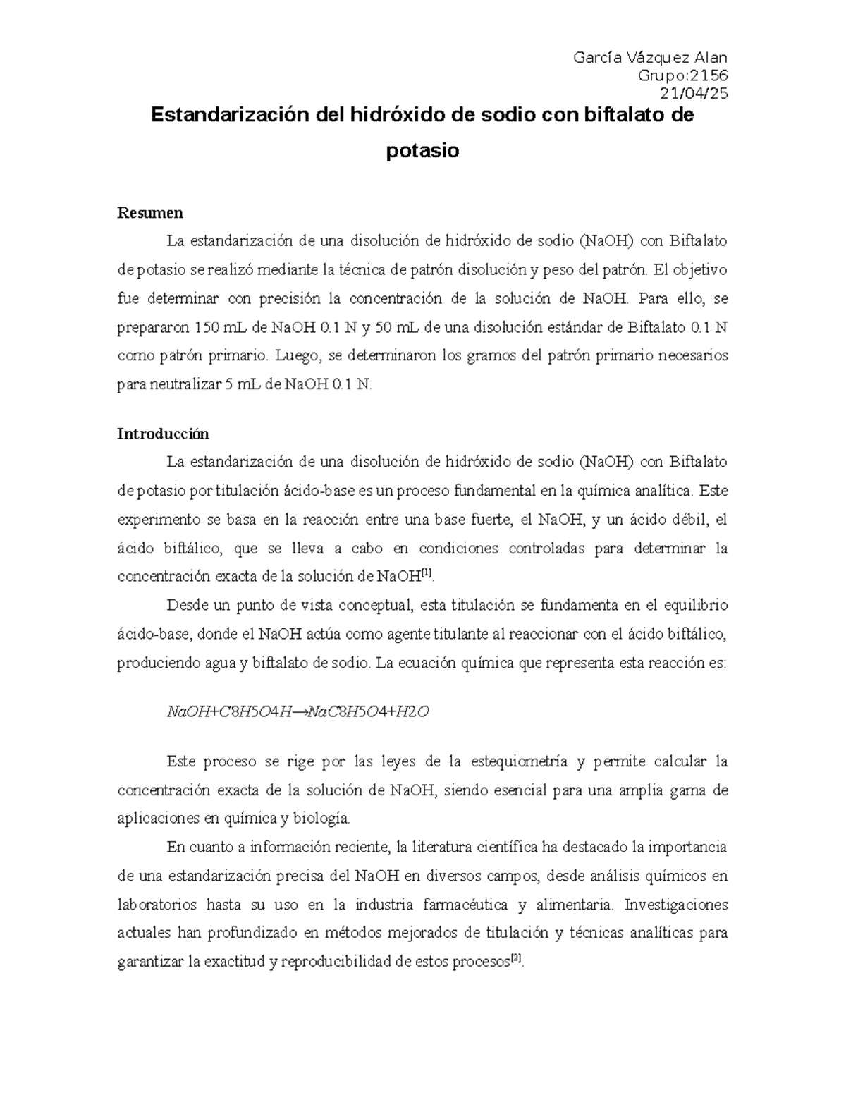 Estandarización NaOH con Biftalato de Potasio: Resultados y Análisis ...