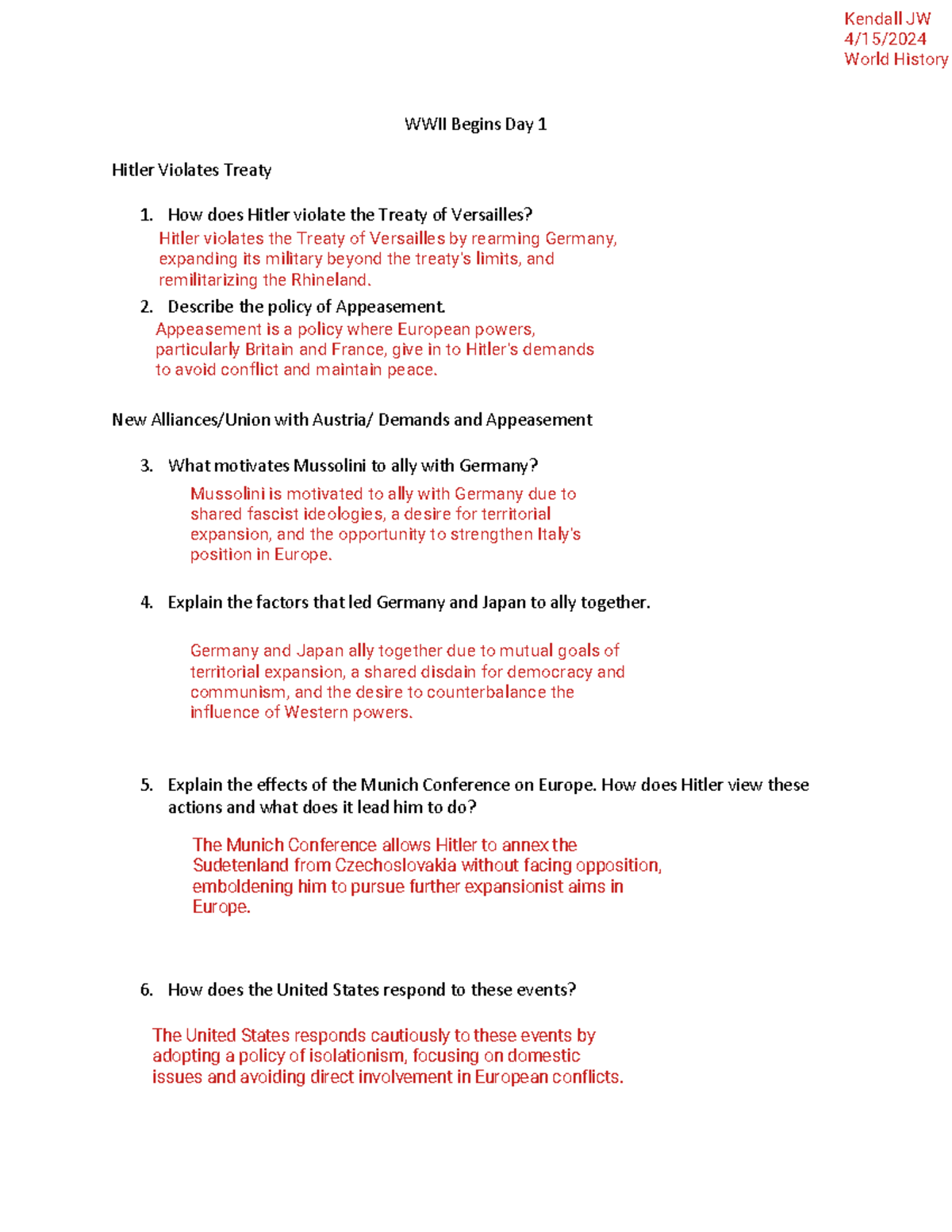 Kendall JW World History WWII Begins: Hitler's Treaty Violations ...