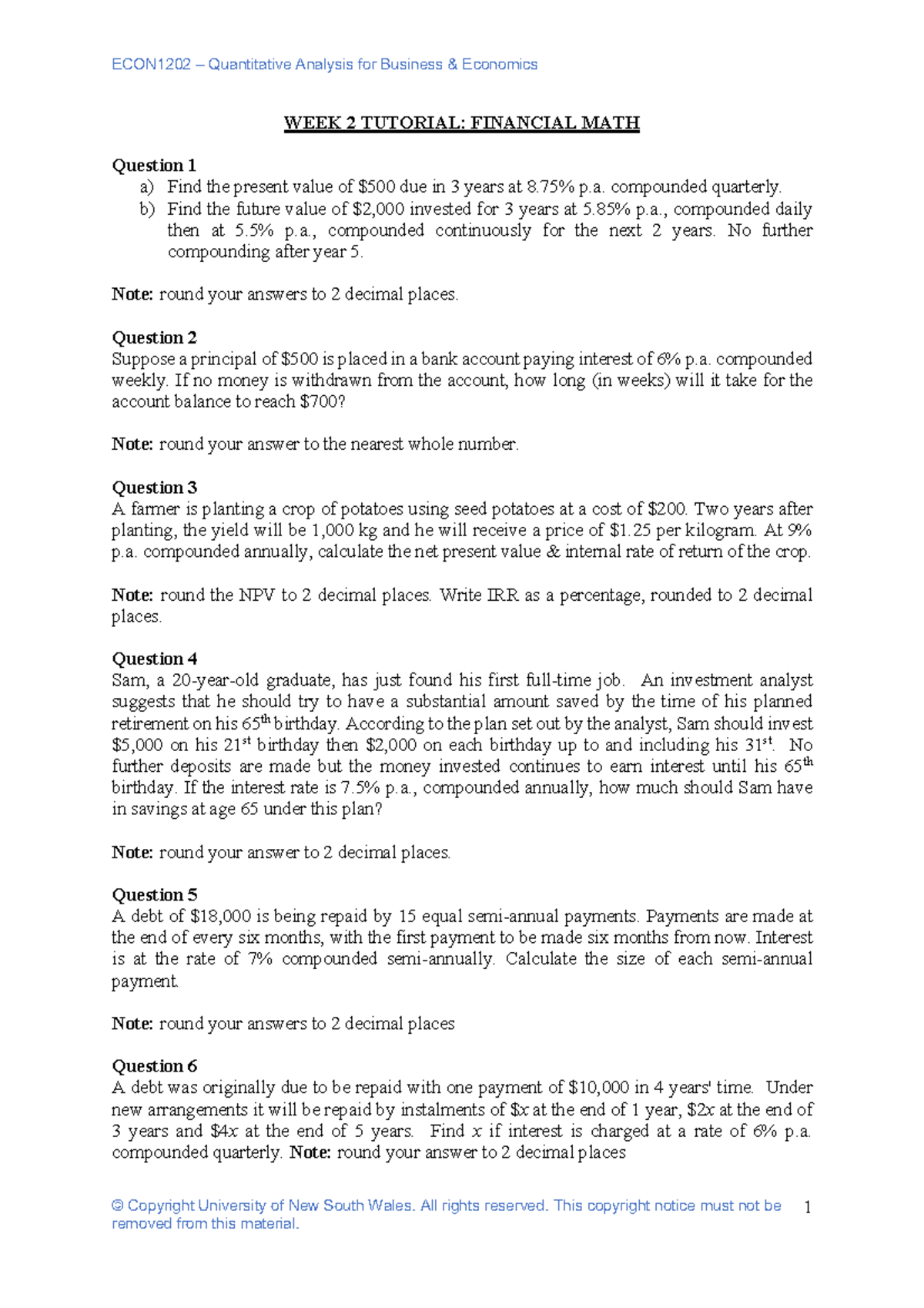 ECON1202 Week 2 Tutorial Questions on Financial Mathematics - Studocu