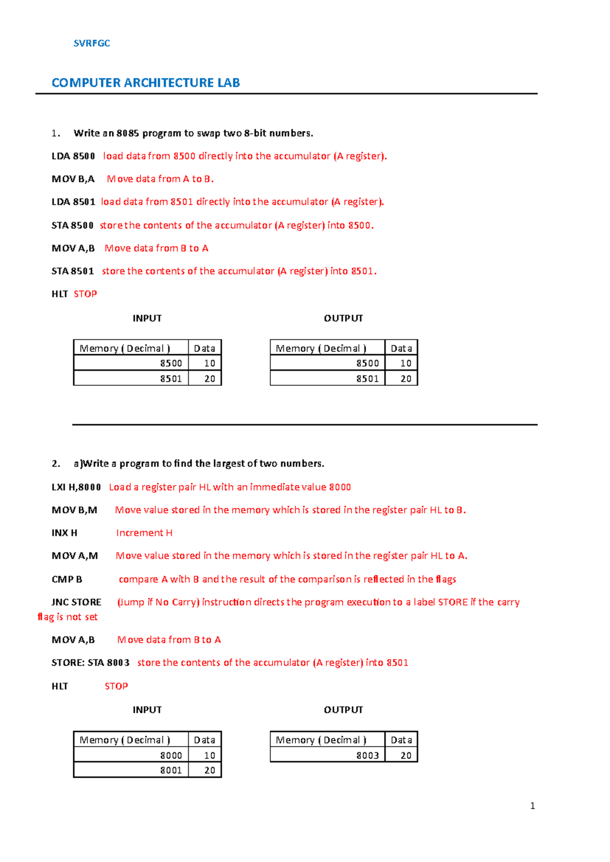 CA Lab Manual: 8085 Assembly Language Programs and Operations - Studocu