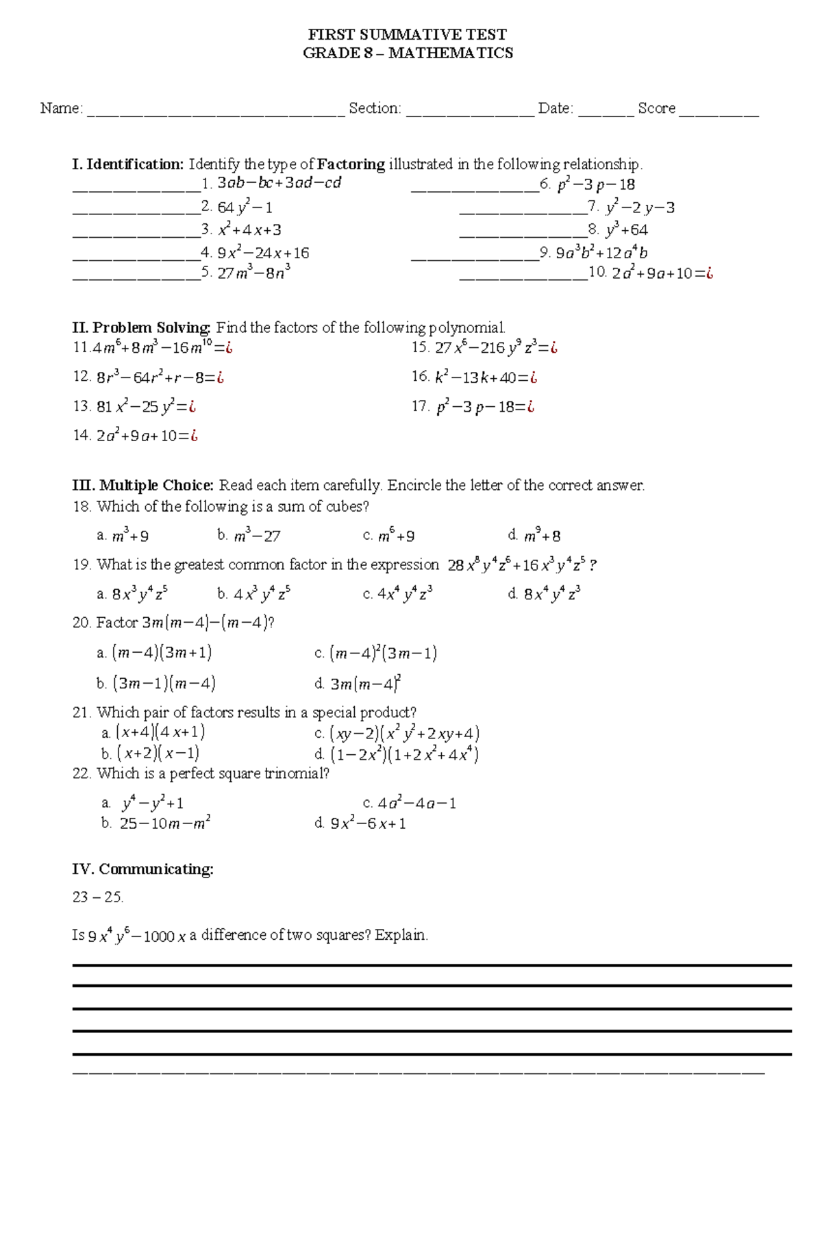 Grade 8 Mathematics First Summative Test: Factoring & Problem Solving ...