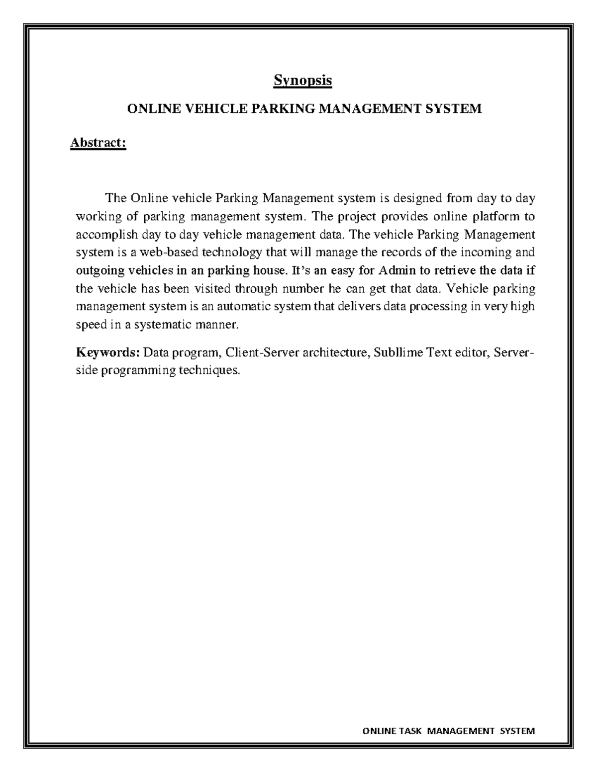 Synopsis of Online Vehicle Parking Management System - Studocu