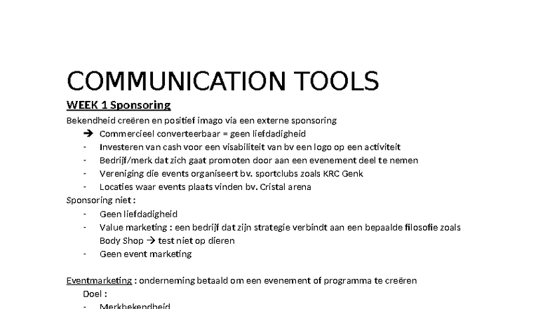 CT1 samenvatting - COMMUNICATION TOOLS WEEK 1 Sponsoring Bekendheid ...