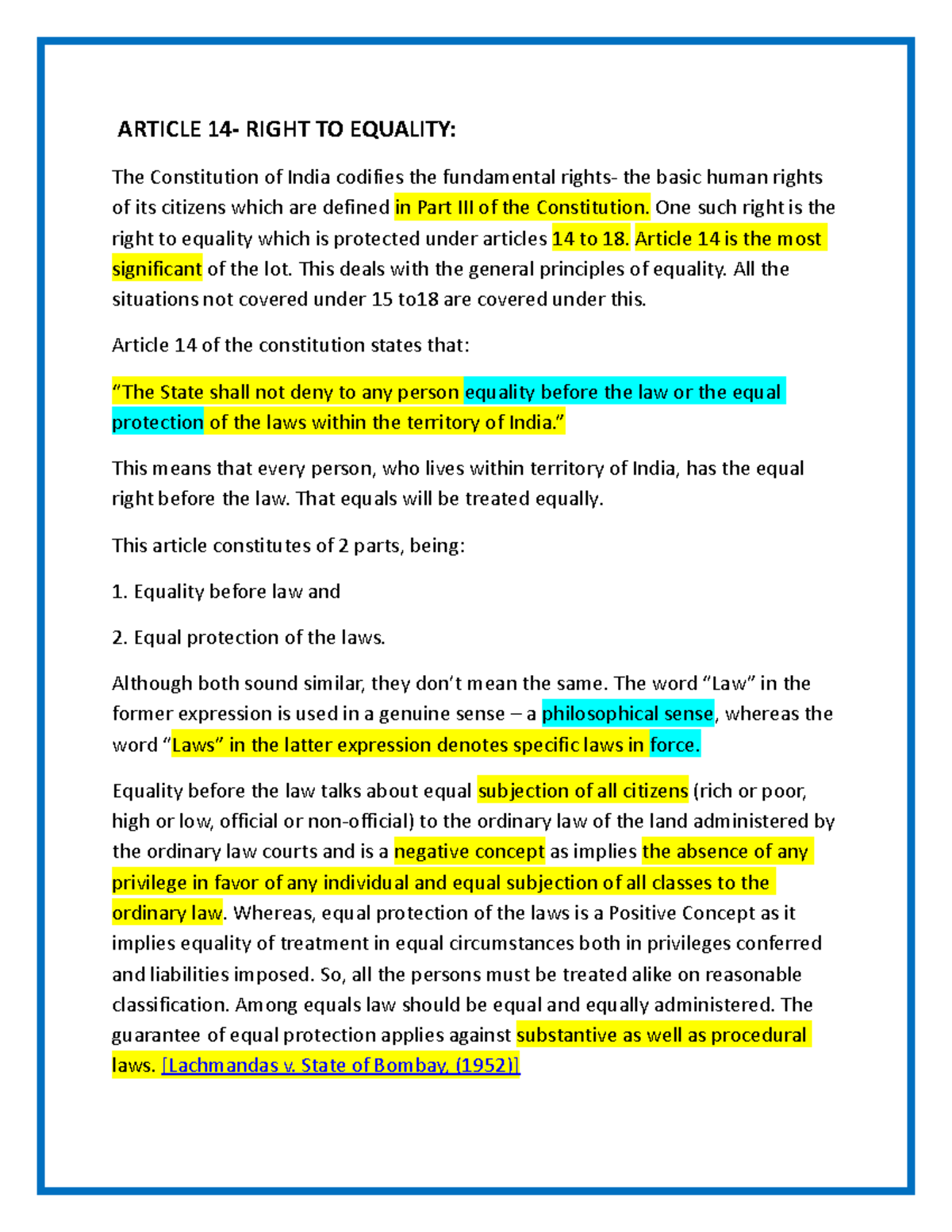Article 14 - LAW 1 - ARTICLE 14- RIGHT TO EQUALITY: The Constitution of ...