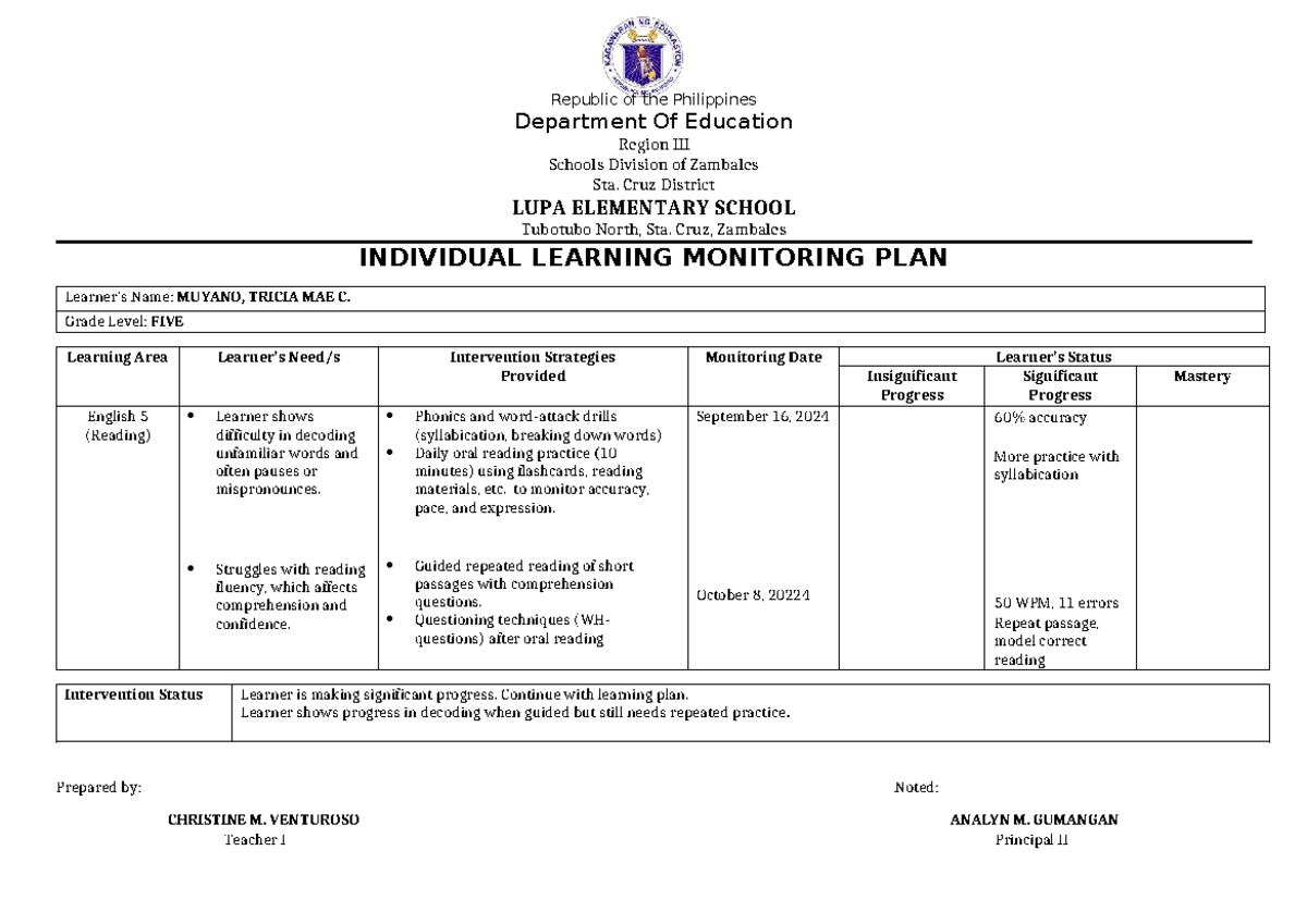 Individual Learning Monitoring Plan for English 5 (SY 2024-2025) - Studocu