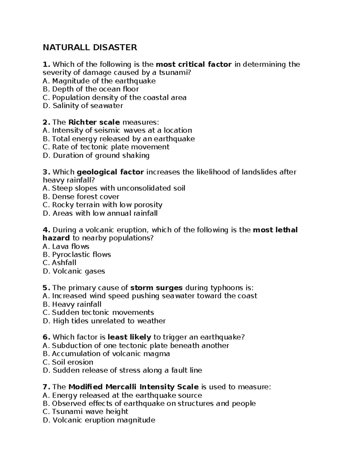 Natural Disaster Quiz (Course Code: ND101) - Key Concepts and Questions ...