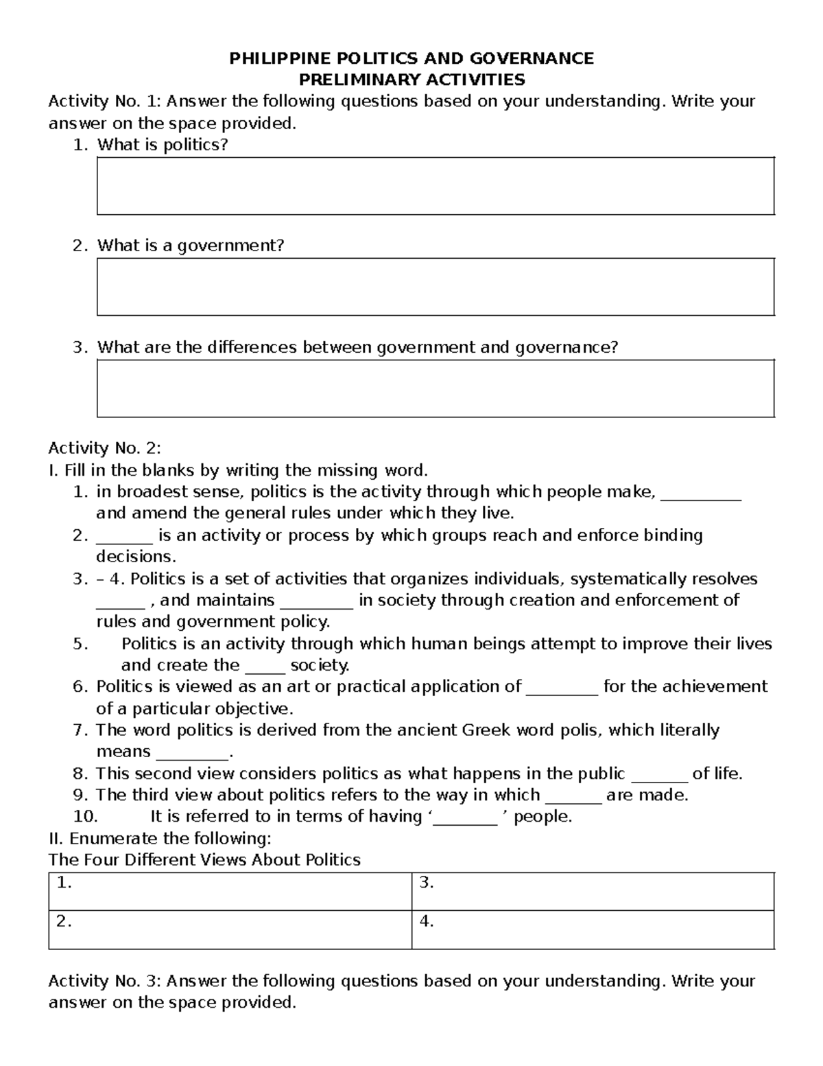 Polgov Prelim Activities - PHILIPPINE POLITICS AND GOVERNANCE ...