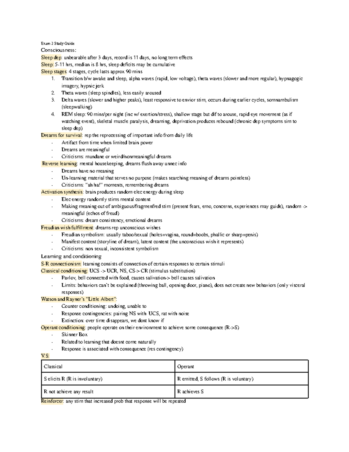 Psych 2 - Exam 2 Study Guide: Consciousness & Learning Theories - Studocu