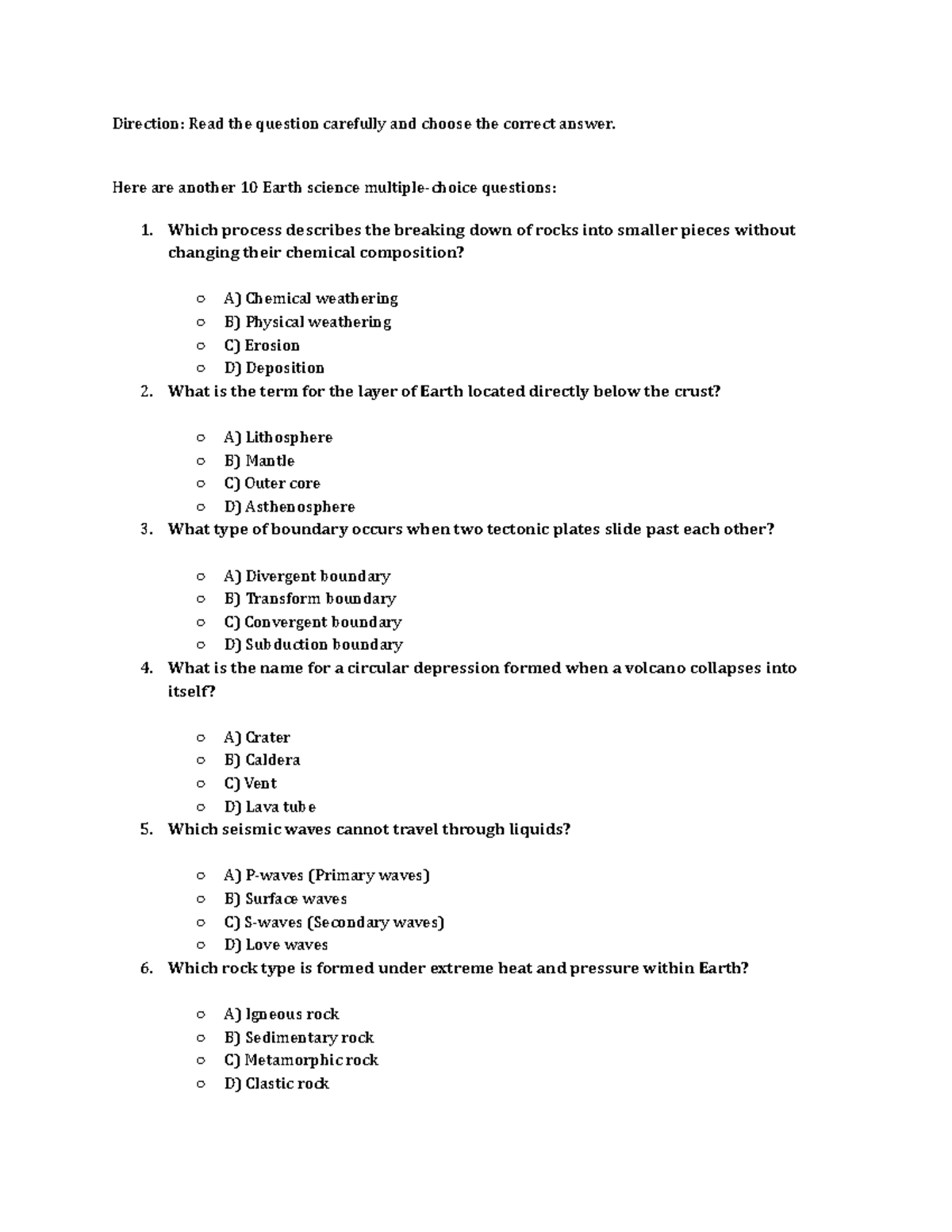 Y60 - Earth Science Quiz: Understanding Geological Processes and ...