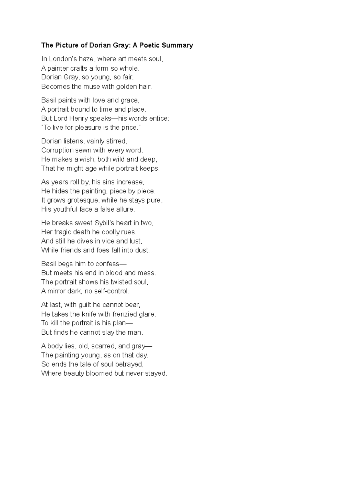 Poetic Summary and Q&A on The Picture of Dorian Gray - Studocu