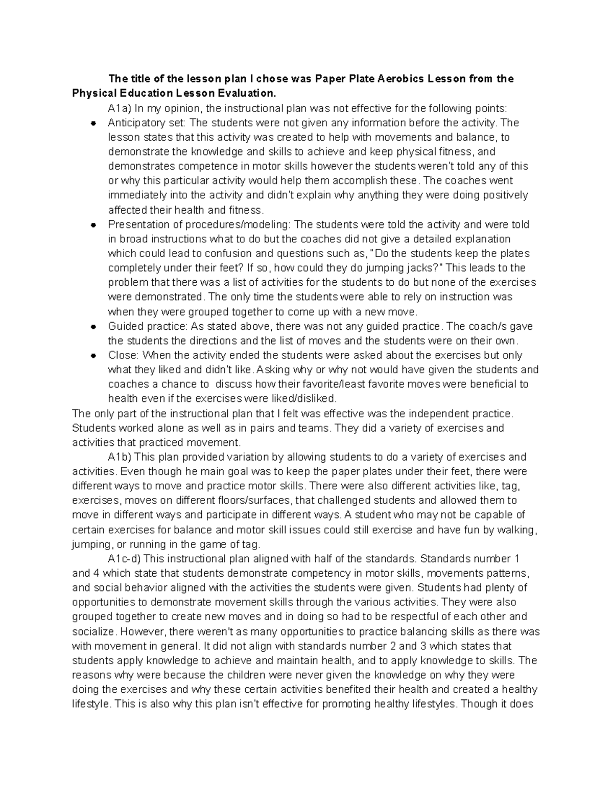 C367 Task 1 Part 1 - Passed - The title of the lesson plan I chose was Paper Plate Aerobics ...