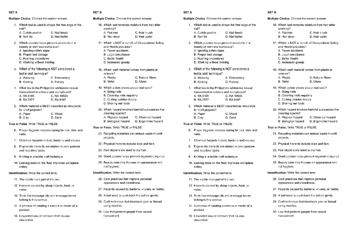 SET AB - Multiple Choice Answer Sheet for Beauty & Wellness - Studocu