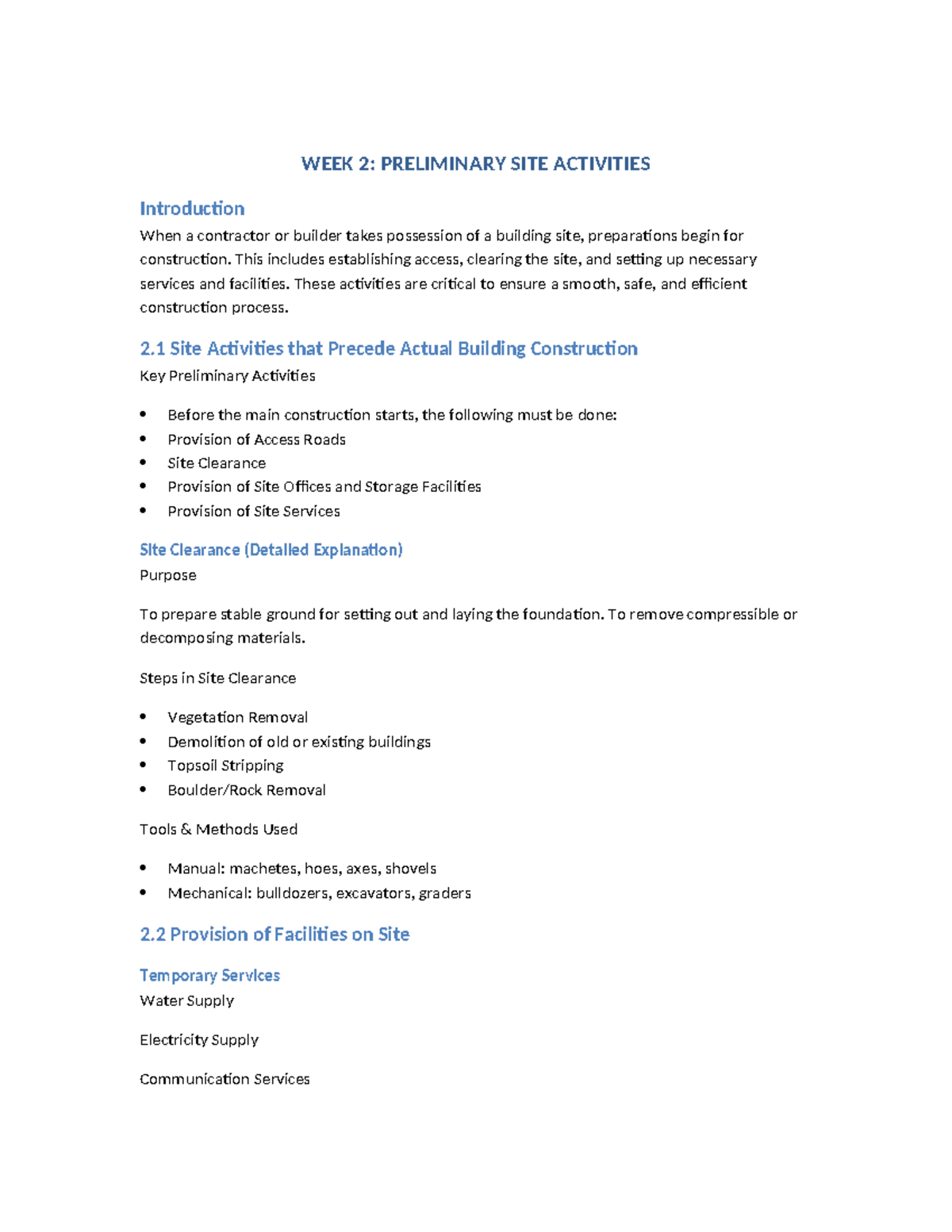 WEEK 2: PRELIMINARY SITE ACTIVITIES (Construction 101) - Studocu