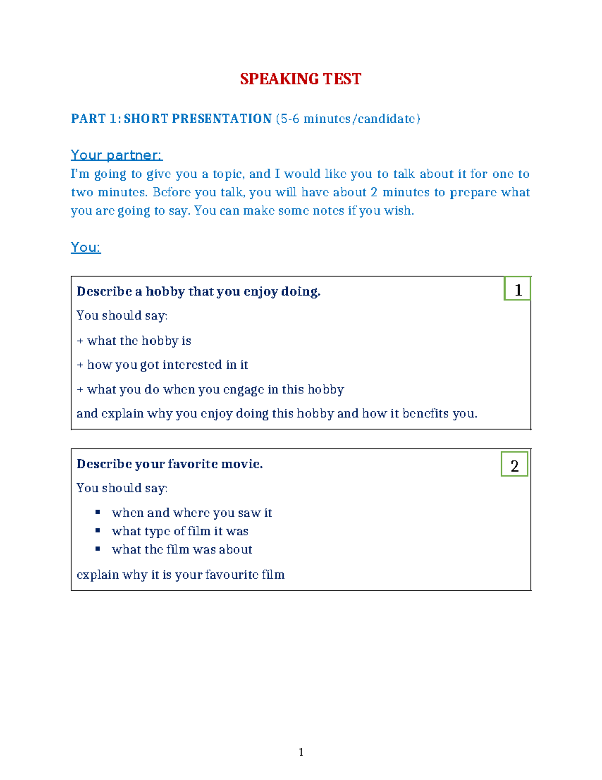 SPEAKING TEST PART 1: SHORT PRESENTATION & DISCUSSION Qs - Studocu