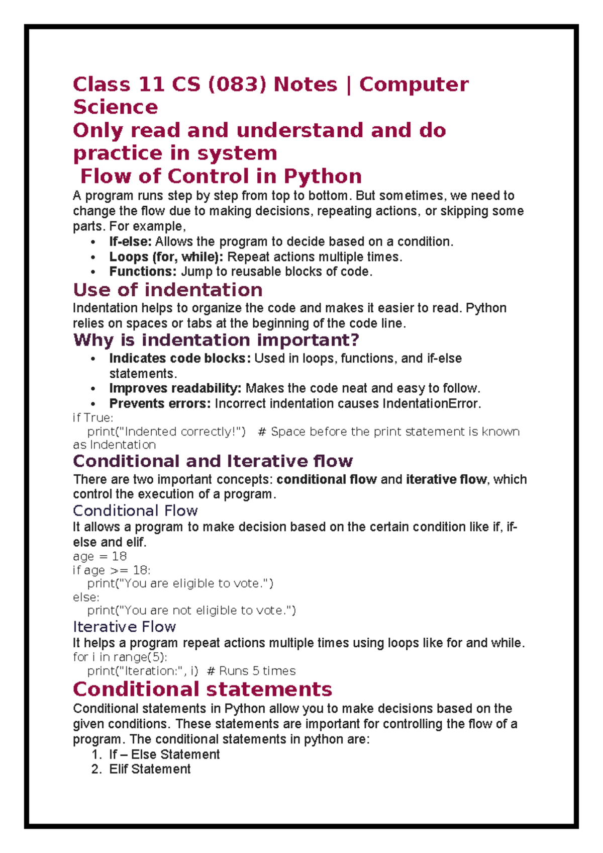 Class 11 CS (083) Notes: Flow Control Statements in Python - Studocu