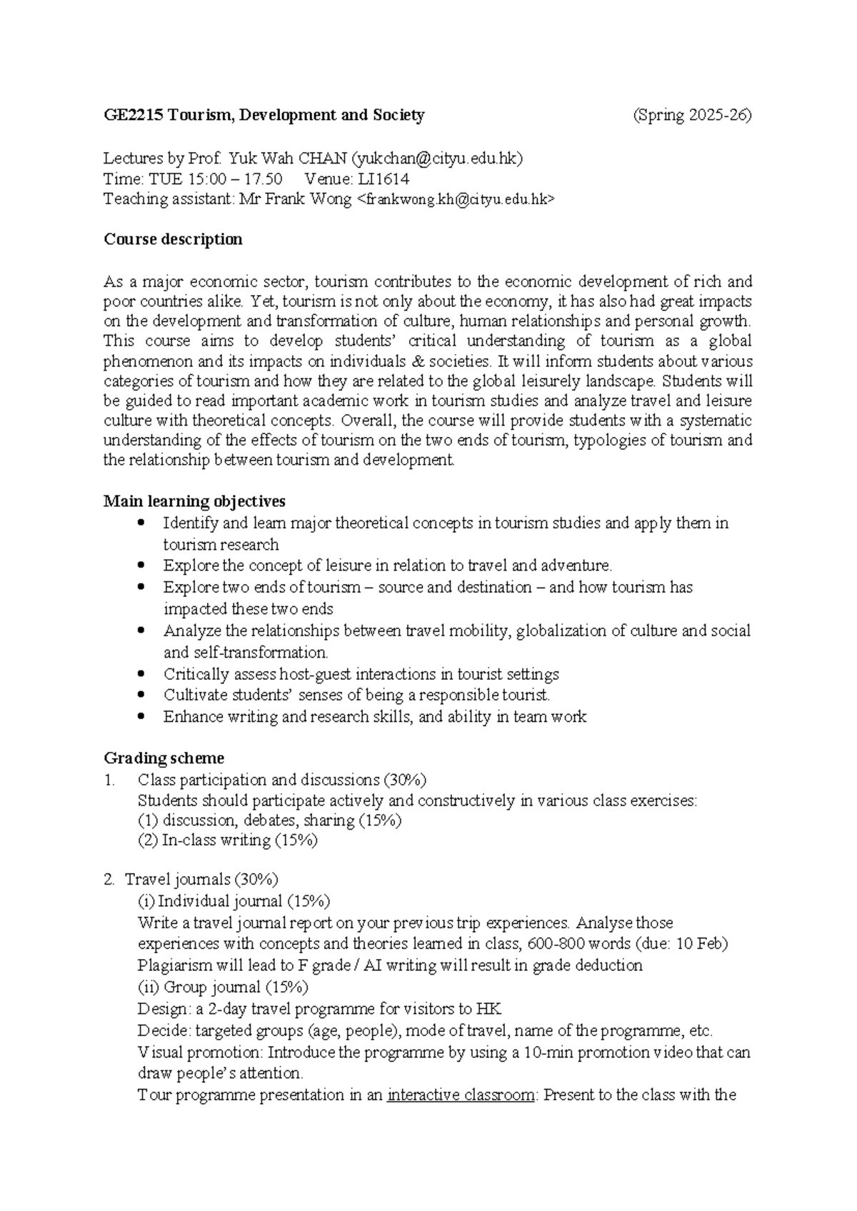 GE2215 Tourism, Development and Society Course Outline (2025-2026 ...
