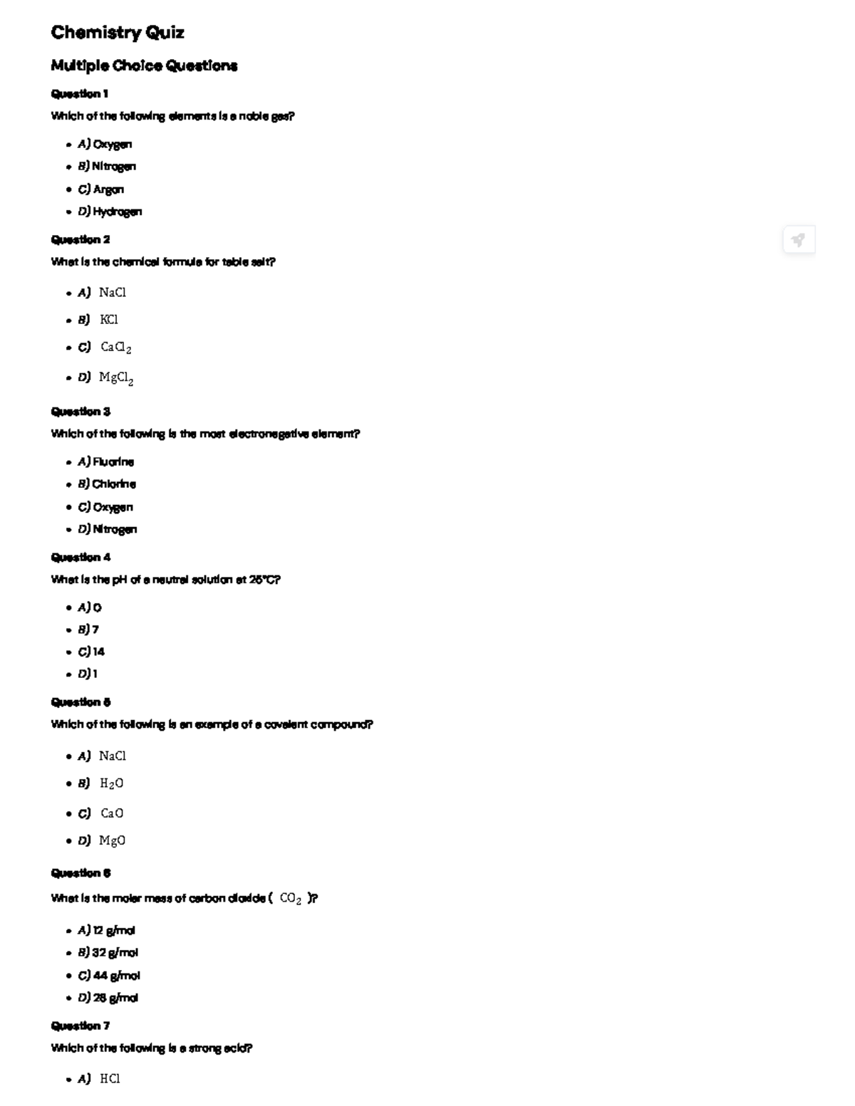 Chemistry Quiz MCQs - Problem Set - Studocu