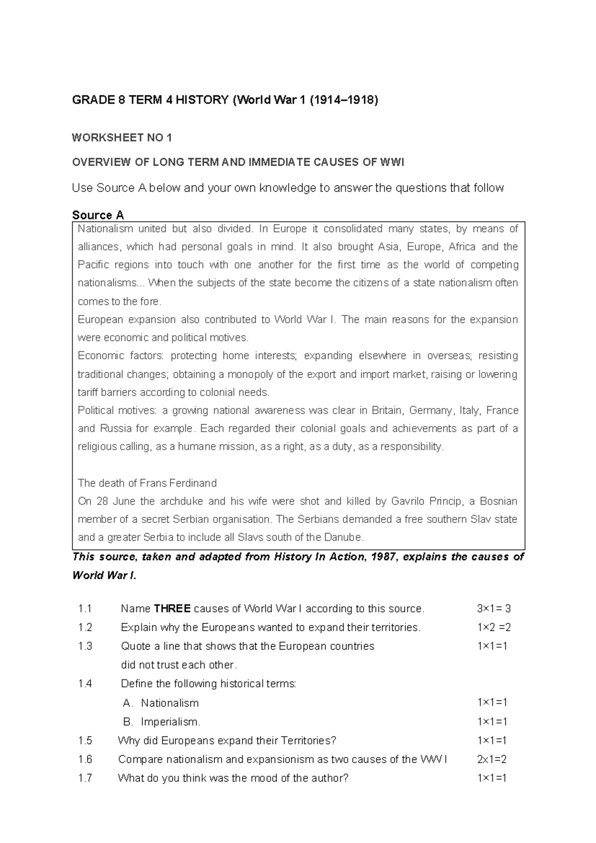 Grade 8 TERM 4 History Worksheets: Causes of World War I Overview - Studocu