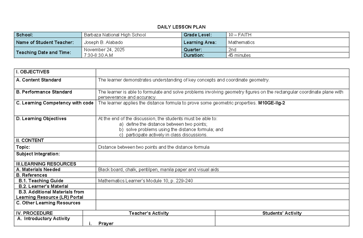 DAILY LESSON PLAN: Geometry & Distance Formula (Grade 10) - Studocu