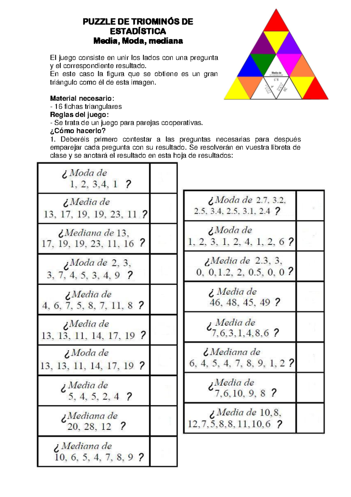 PUZZLE TRIOMINÓS DE ESTADÍSTICA: Media, Moda y Mediana - Studocu