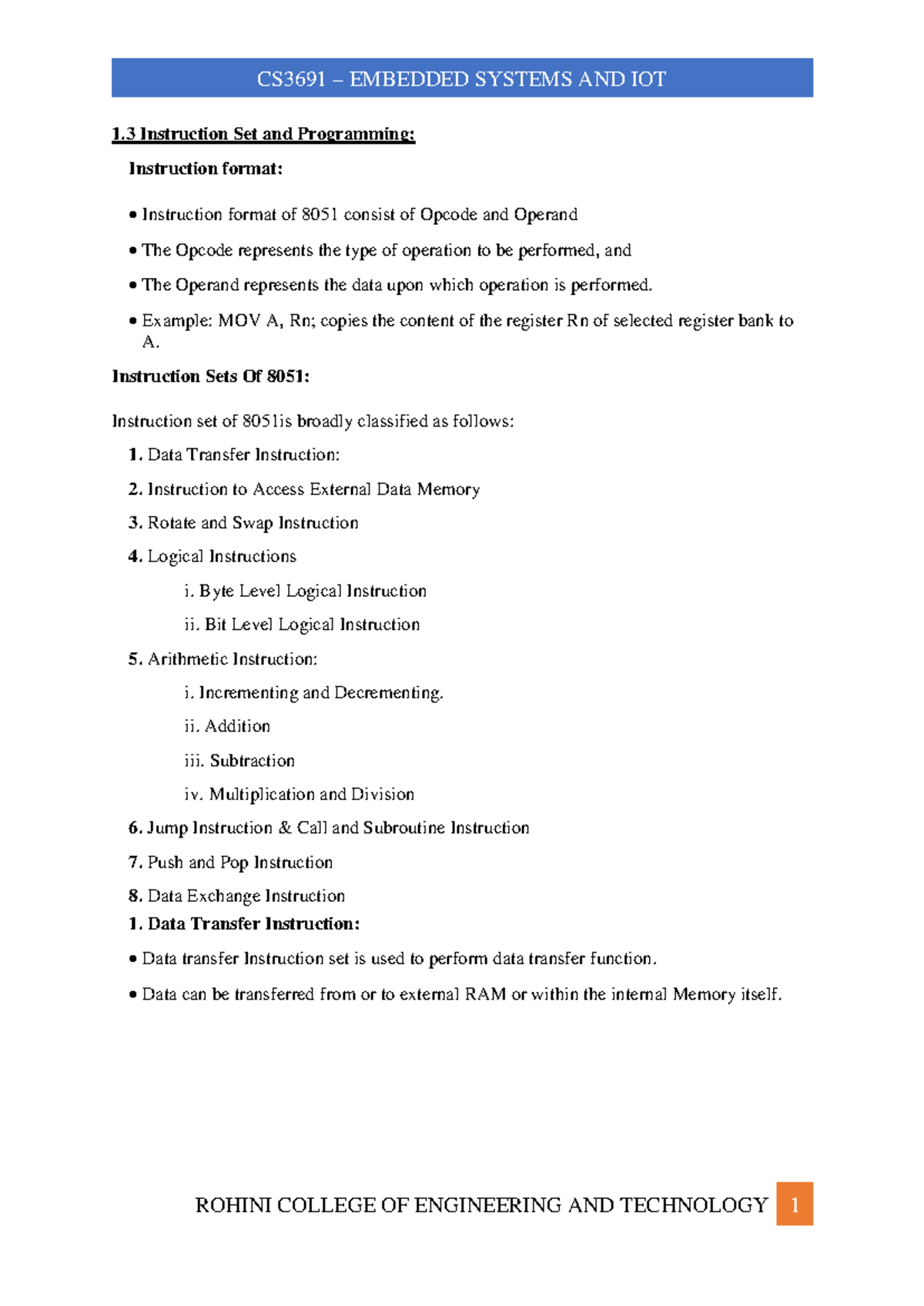 CS3691 EMBEDDED SYSTEMS AND IOT: Instruction Set Overview - Studocu