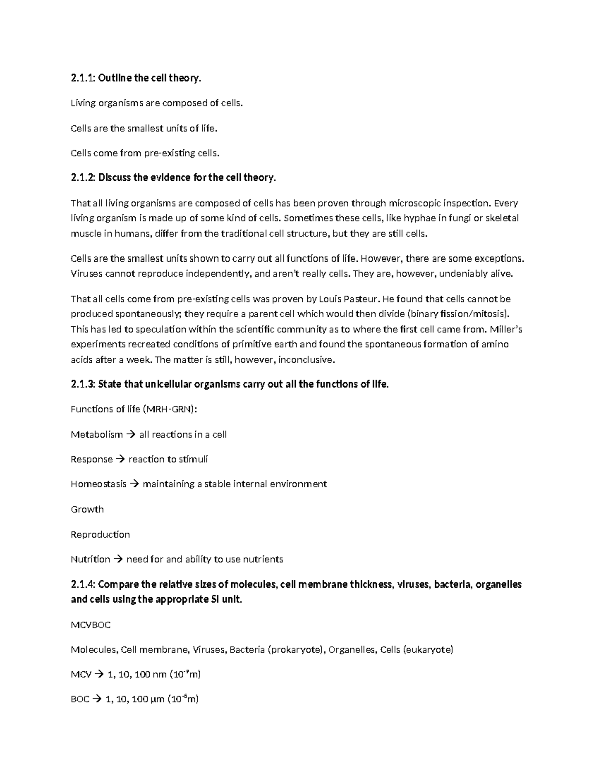 IB HL Biology Topic 2: Cell Theory, Structure, and Function Notes - Studocu