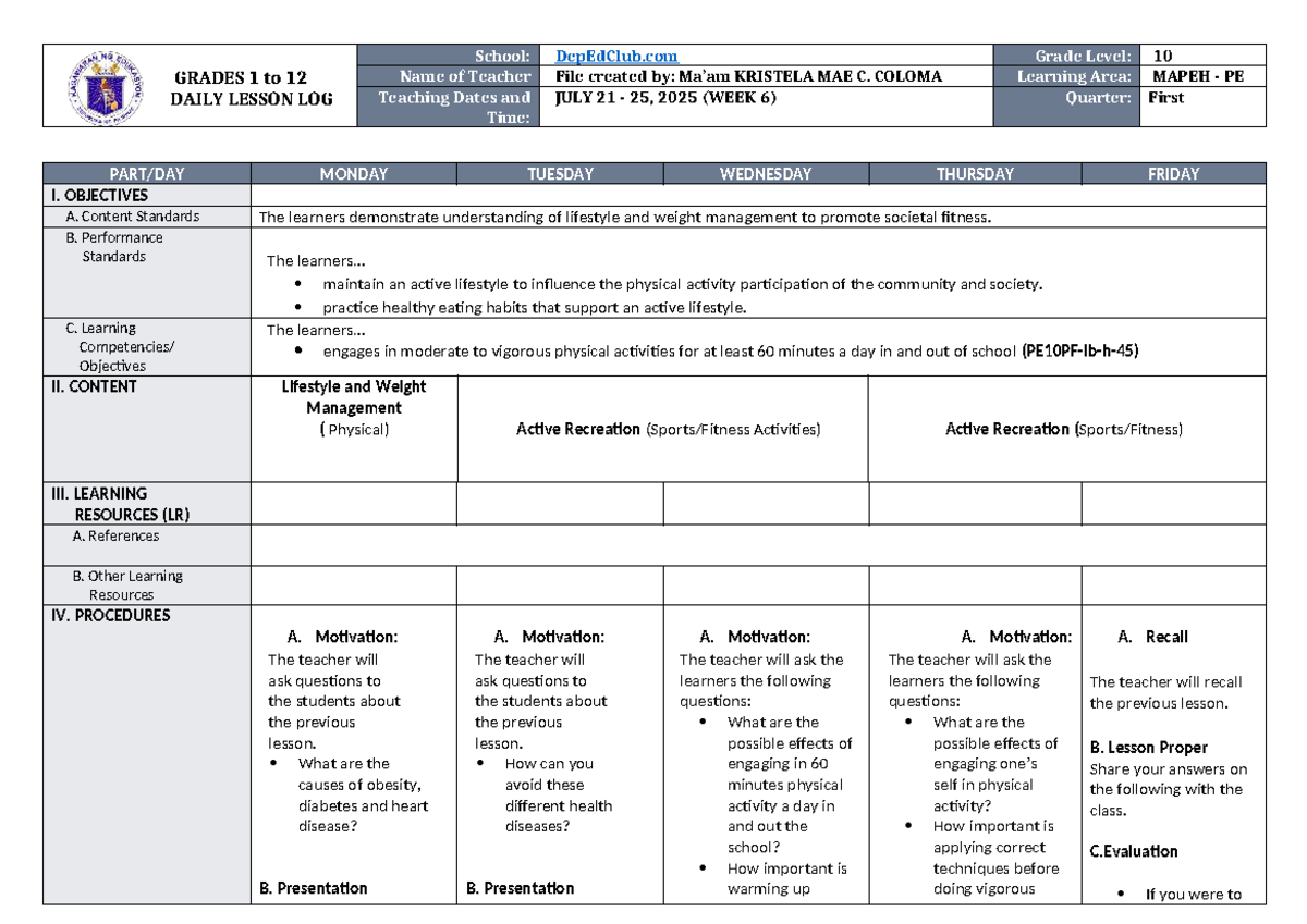 DLL MAPEH-PE 10 Q1 W6 - Daily Lesson Log and Objectives - Studocu