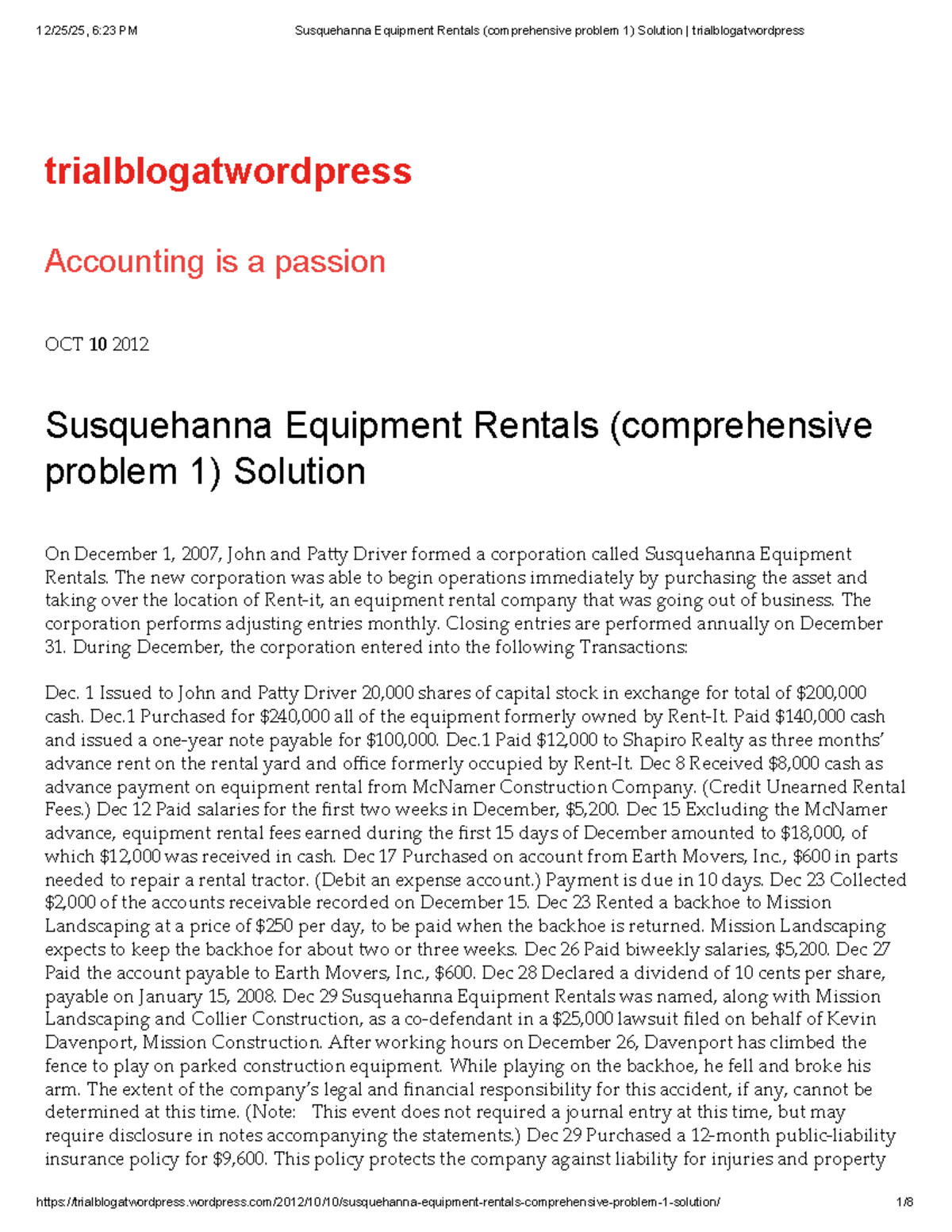 Susquehanna Equipment Rentals (ACC 101) Comprehensive Problem 1 ...