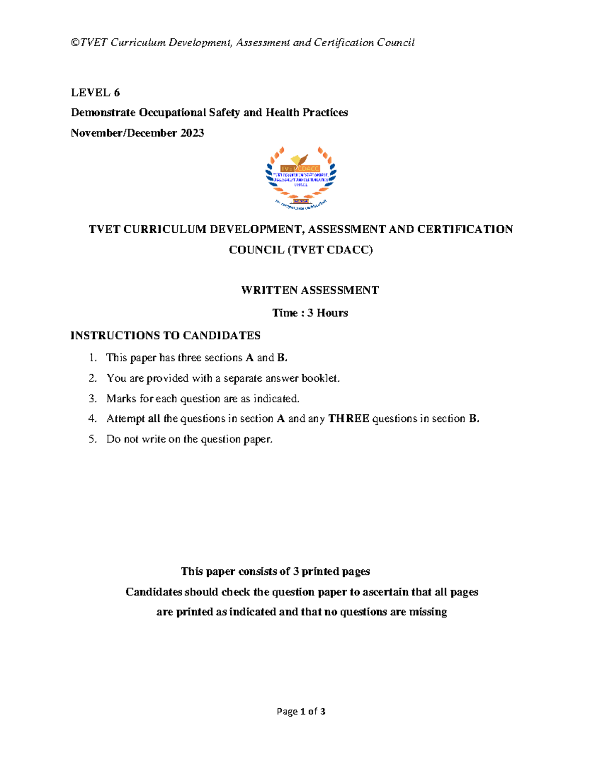 Level 6 TVET CDACC- Occupational Health & Safety Practices Exam Nov-Dec ...