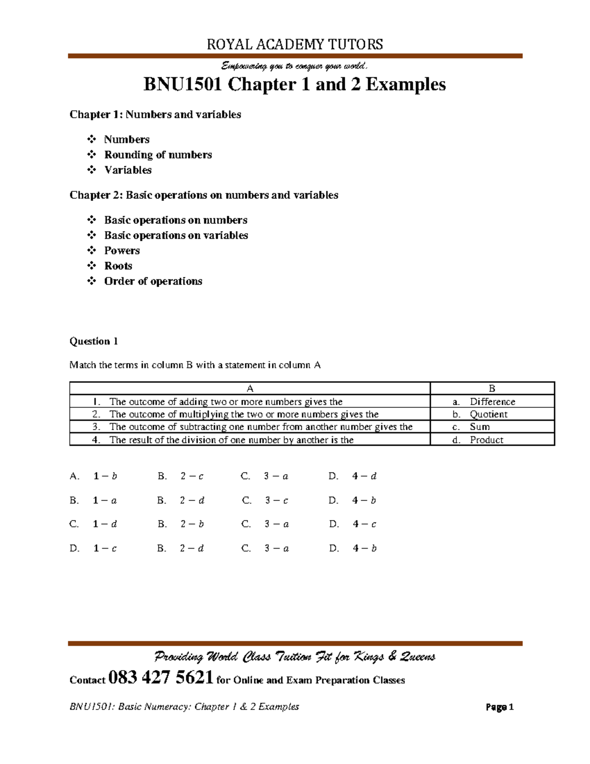BNU1501 Chapter 1 & 2 Example Problems and Solutions - Studocu