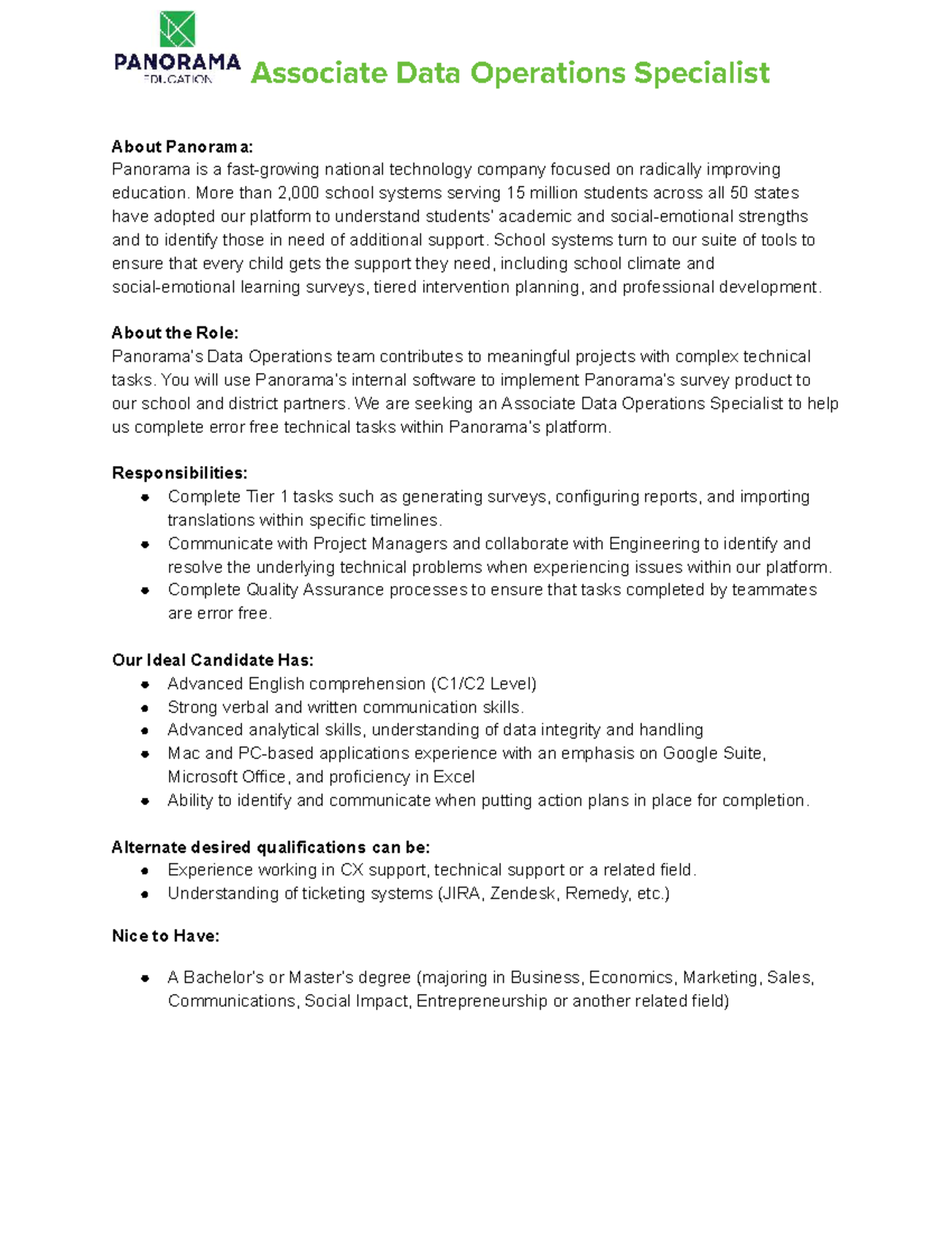 JD for Associate Data Operations Specialist at Panorama - Studocu