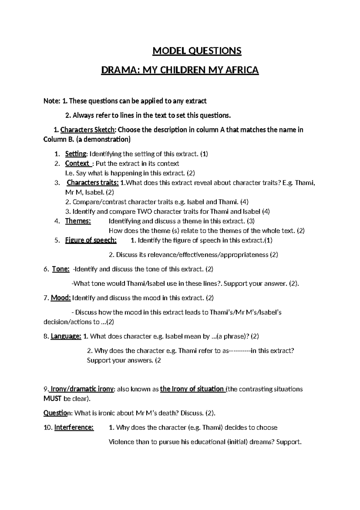 Model Questions for Grade 12: My Children, My Africa - Studocu