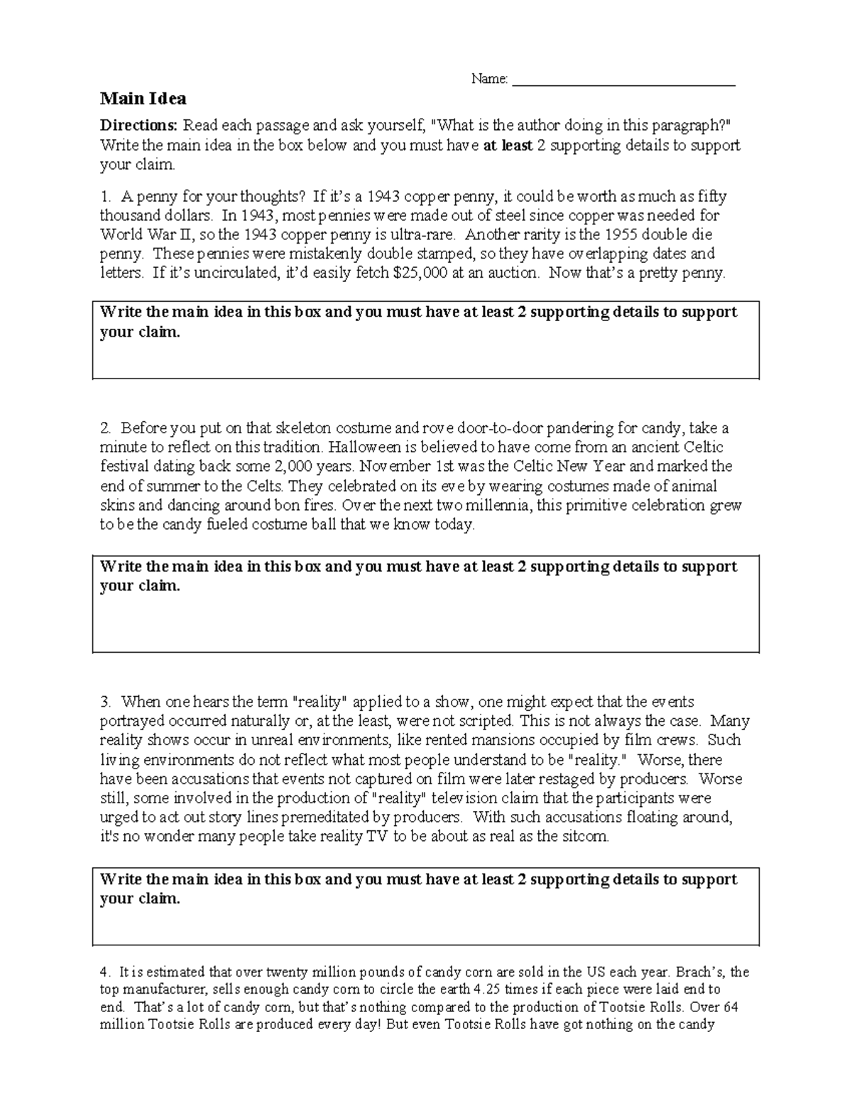 Main-idea - I love it - Name: ________________________________ Main ...