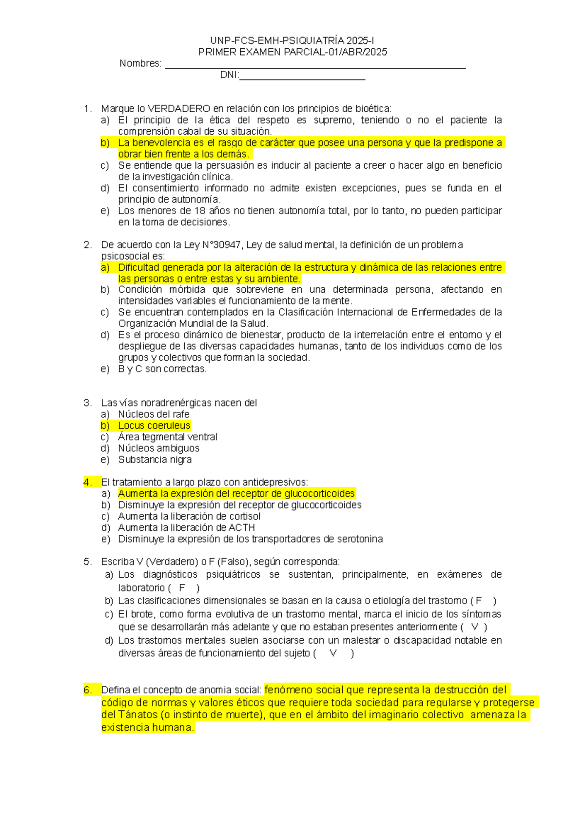 I Parcial A - B HHJJN: Bioética y Salud Mental Exam Questions - Studocu