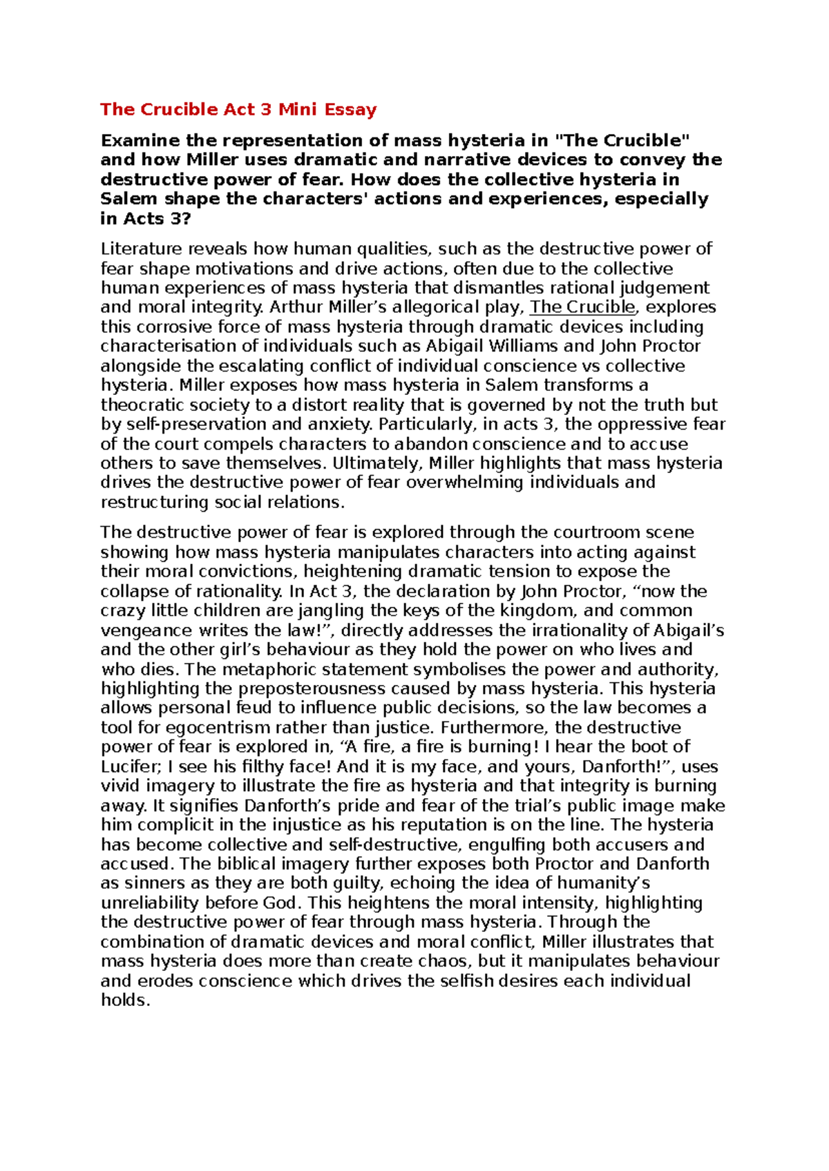 The Crucible (ENG 101) Act 3 Mini Essay: Mass Hysteria & Fear - Studocu