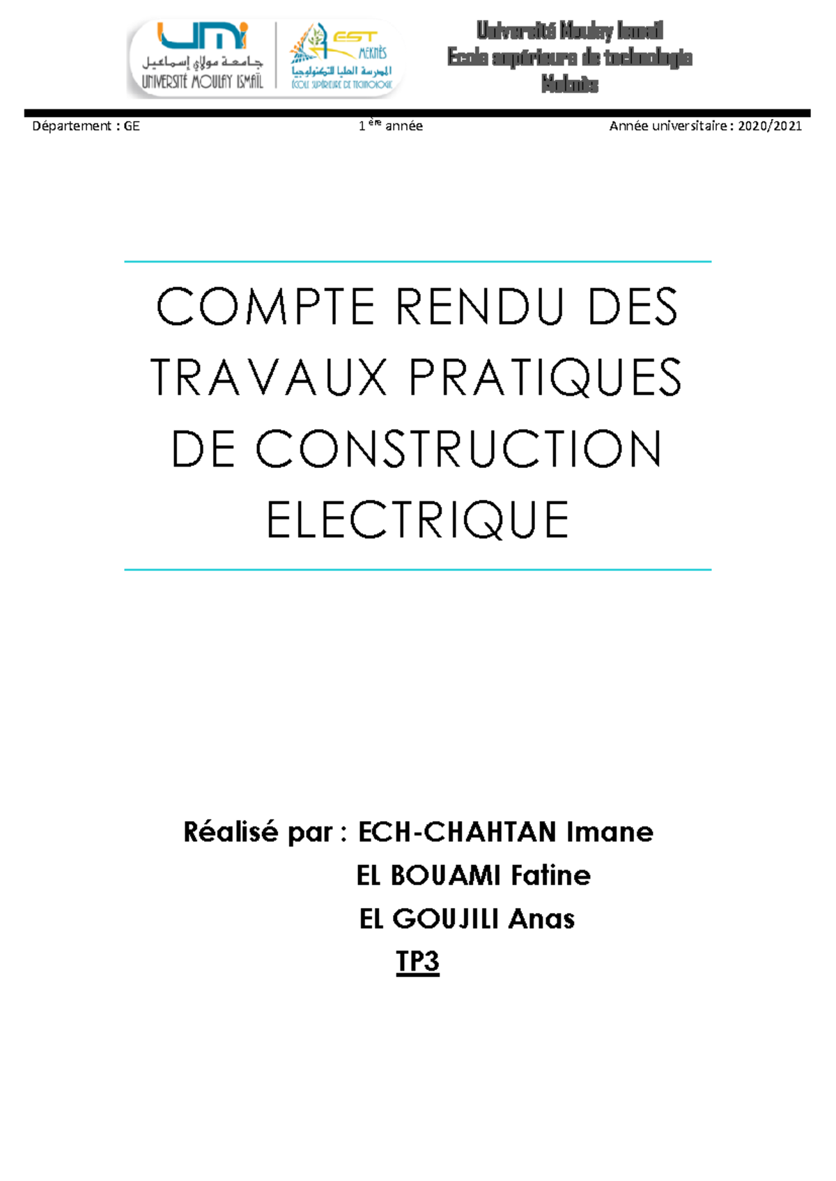 compte rendu des travaux pratiques de construction électrique - COMPTE RENDU DES TRAVAUX ...