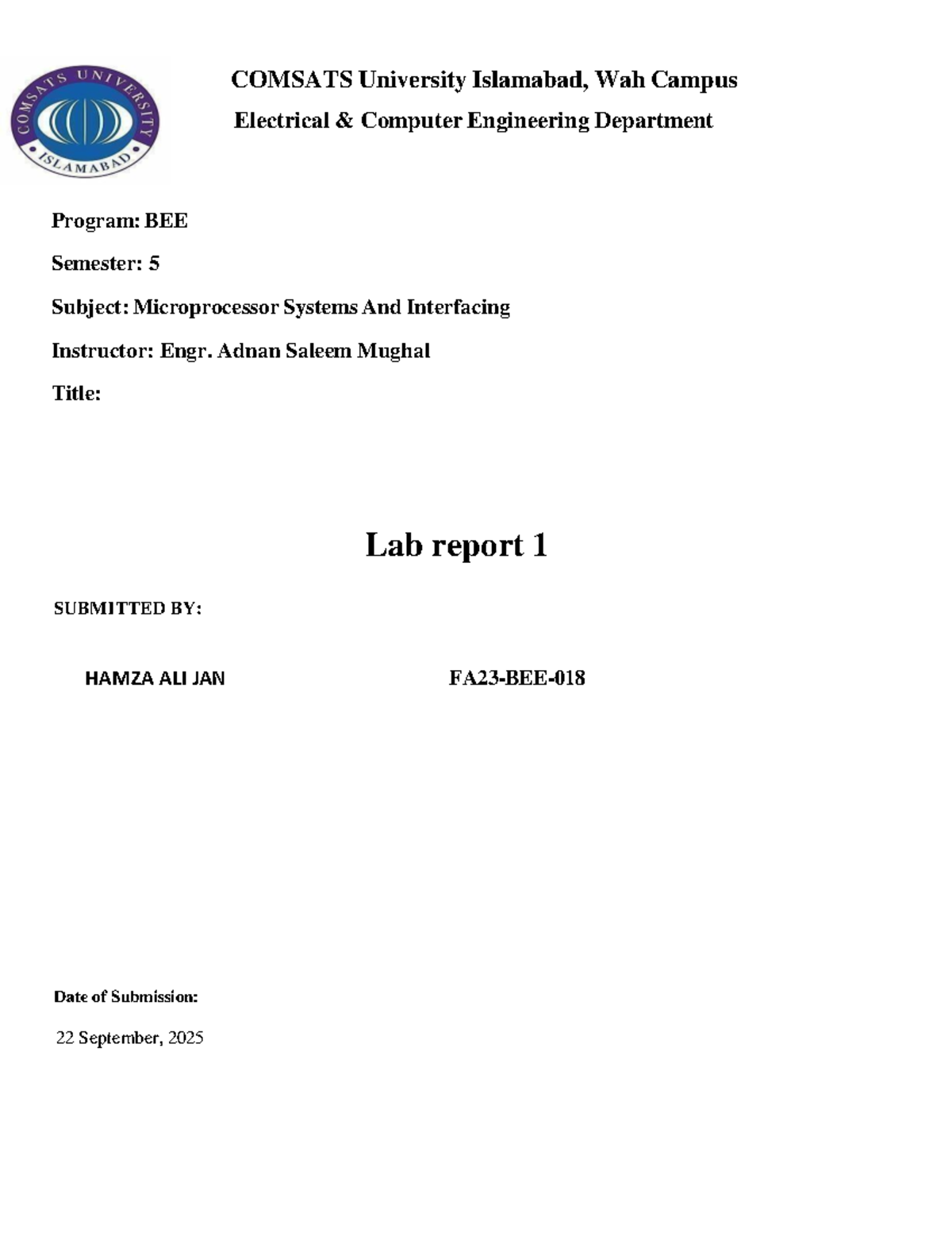 BEE 5: Microprocessor Systems Lab Report 1 - Mplab - Studocu