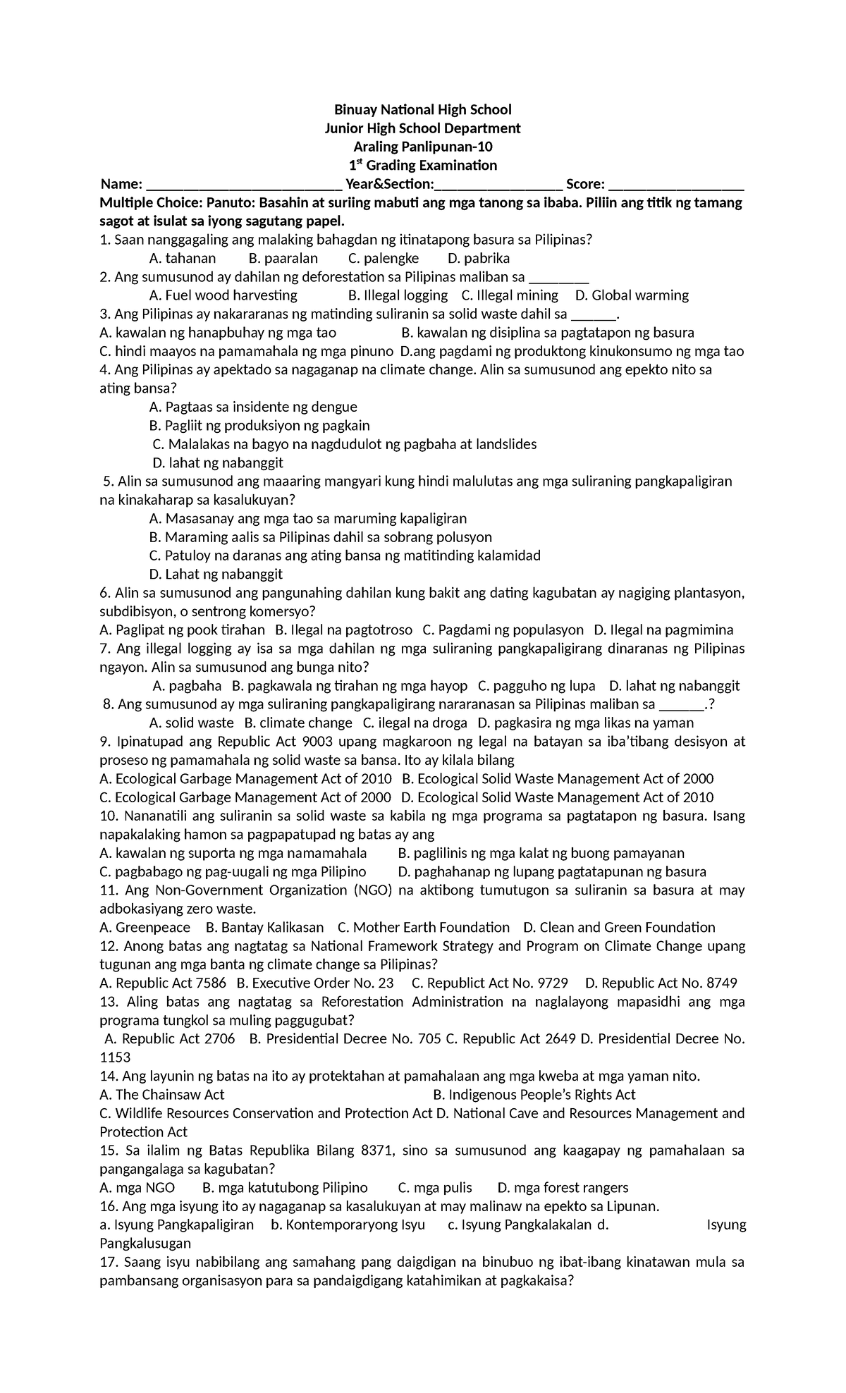 Aralin sa Araling Panlipunan: 1st Grading Exam (AP 10) Guide - Studocu