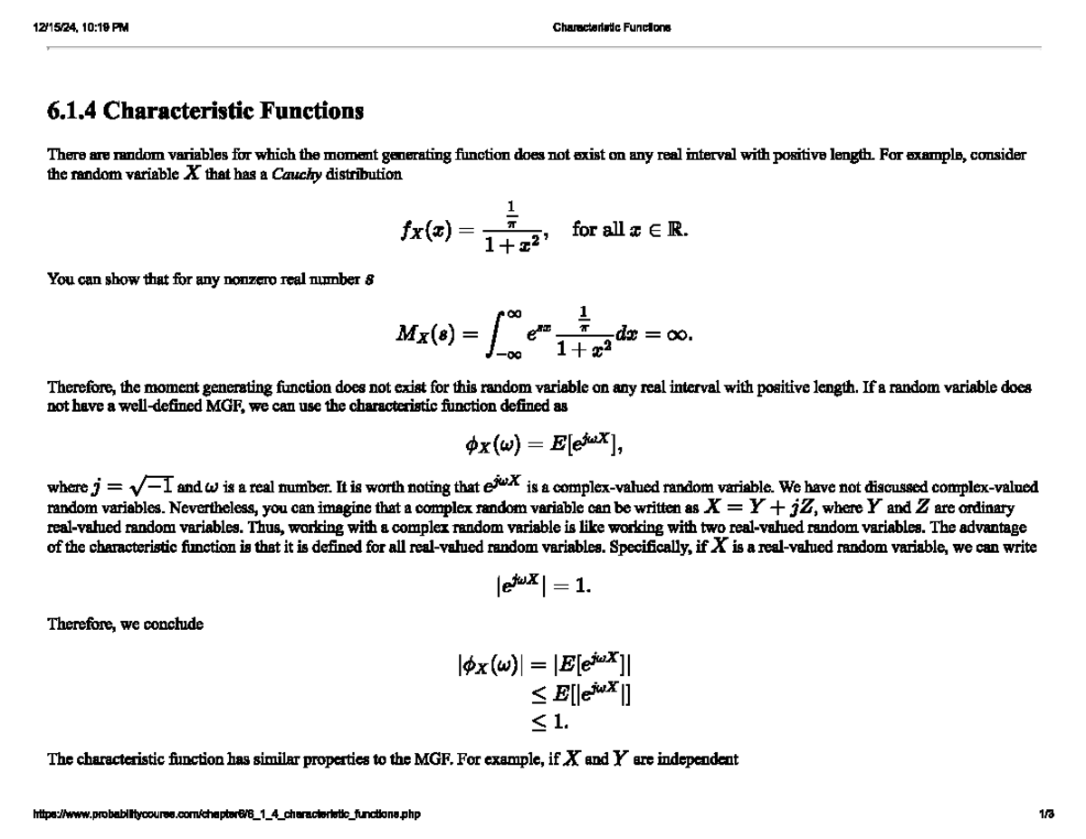 241a - prob. and stat - 10:19 PM Characteristic Functions 6.1 ...