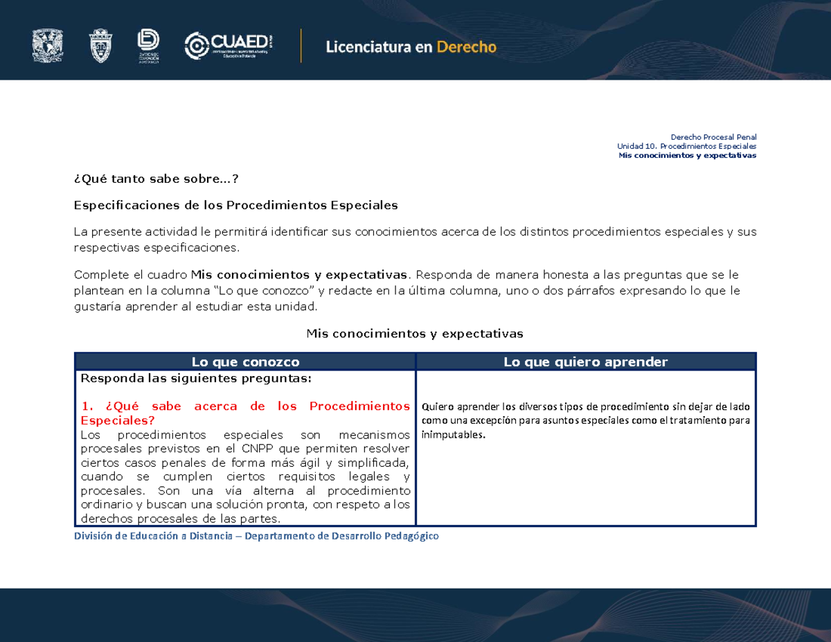 Derecho Procesal Penal U10: Expectativas sobre Procedimientos ...
