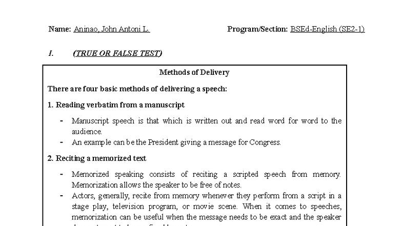 Methods of Delivery: TRUE OR FALSE Test & Essay Insights (ENG 7) - Studocu